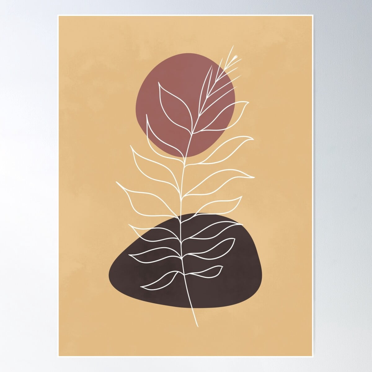 Simple Landscape Art With A Leafy Plant And A Maroon Sun On A Light ...