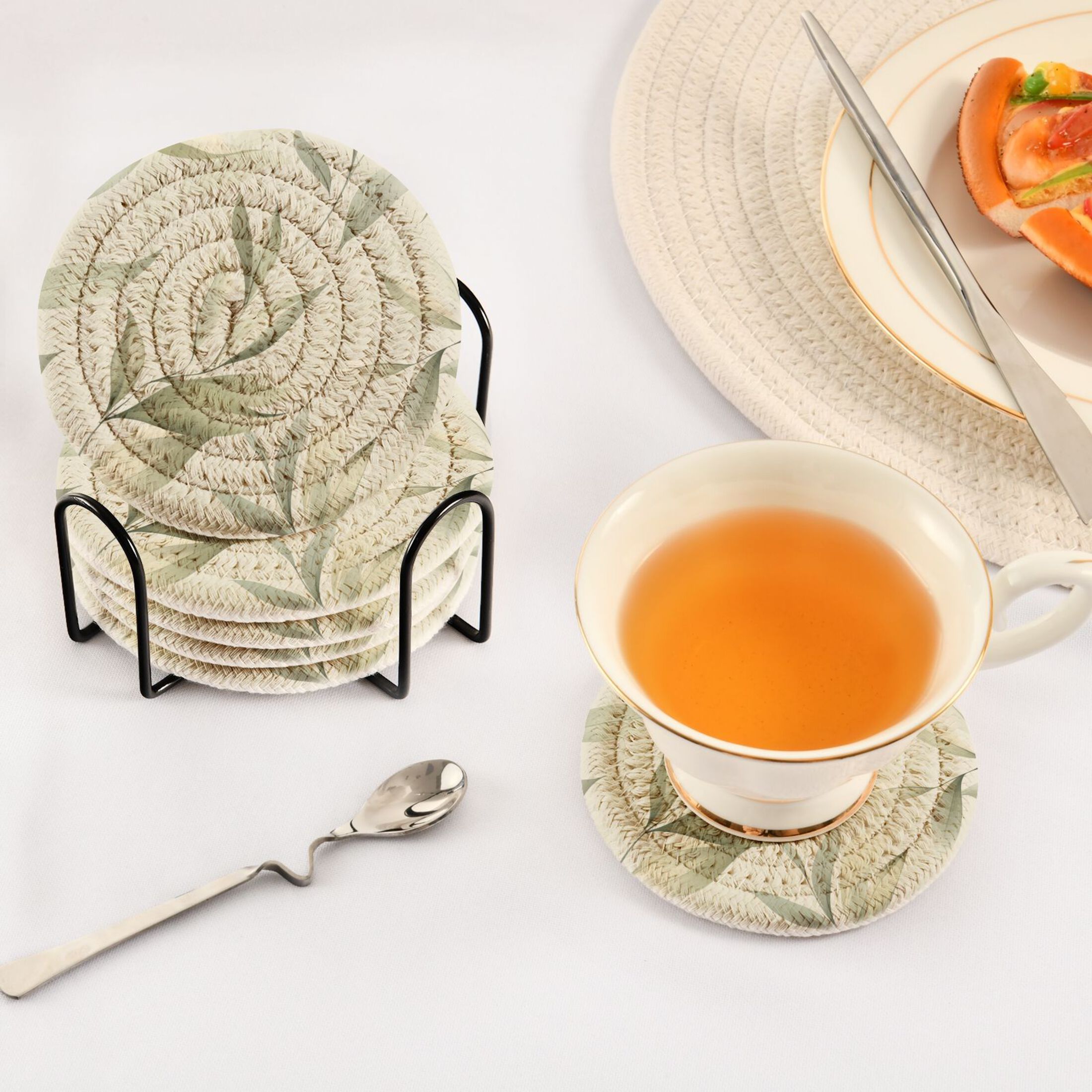Simple Leaves Pattern Set of 6 Durable Woven Polyester Coasters with ...