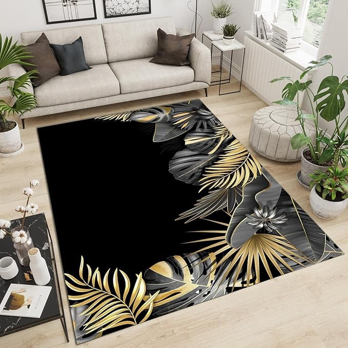 Simple Light Luxury Room Area Rug, Black Gold Tropical Leaves Large ...