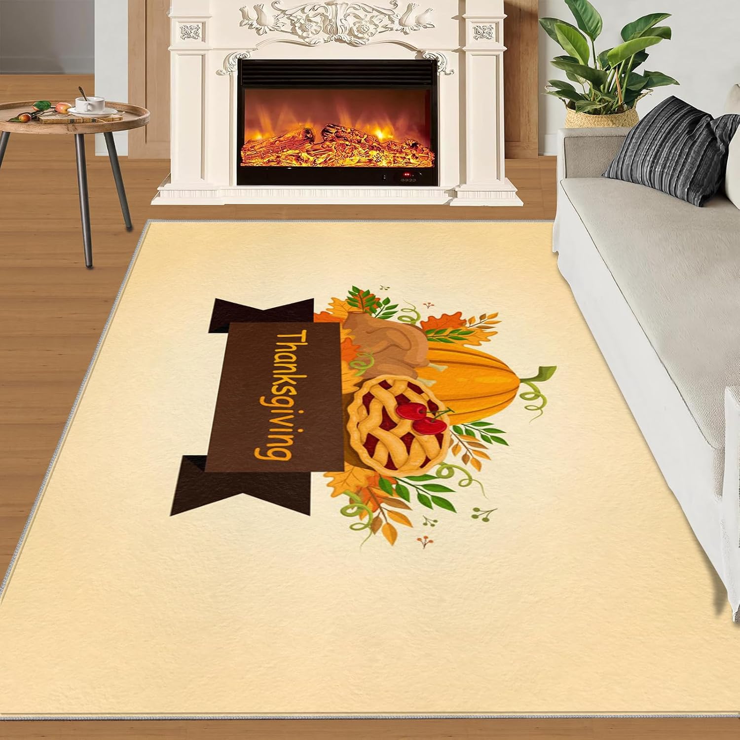 Simple Light Yellow Rug, Harvest Thanksgiving Living Room Rug, Washable ...