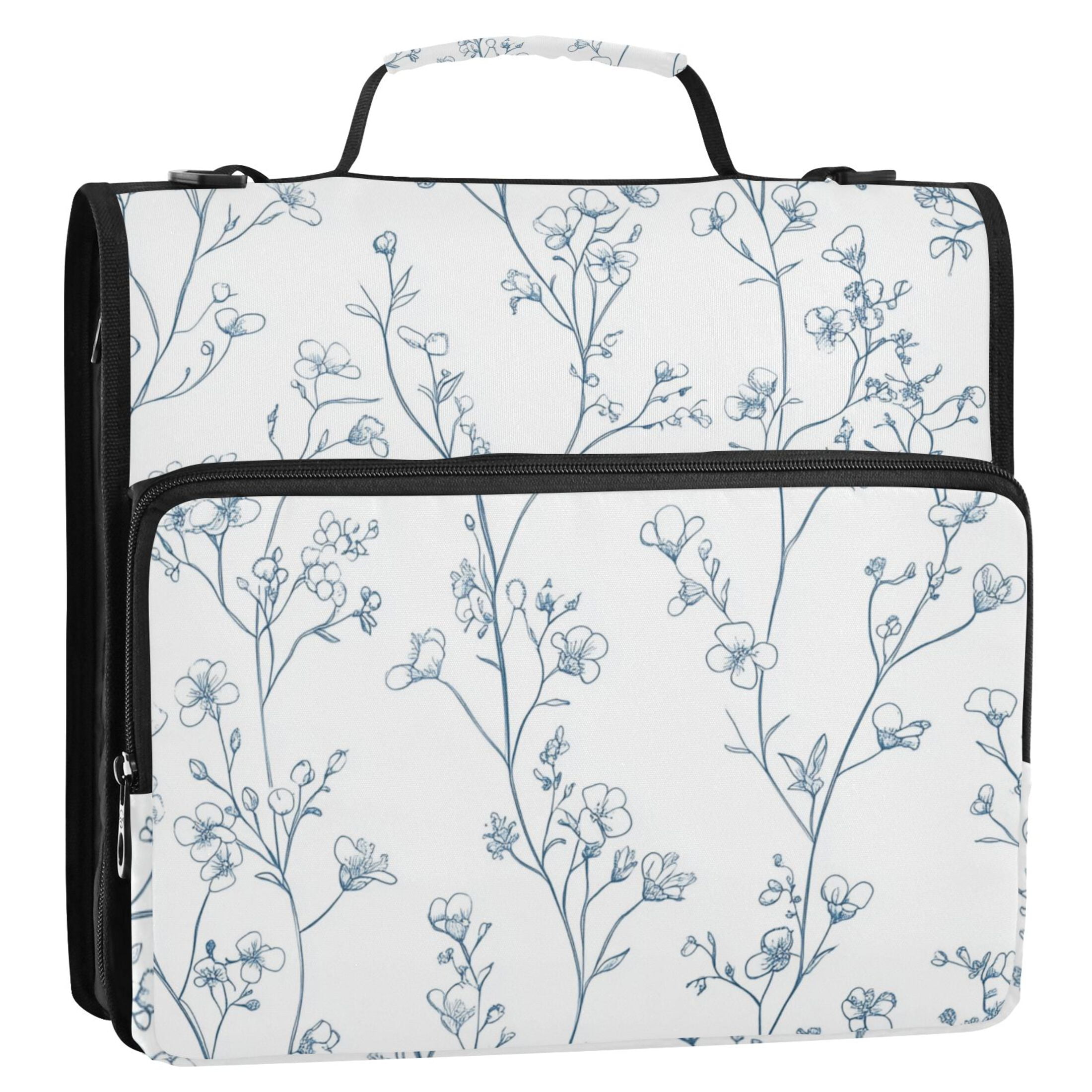 Simple Line Art Flowers Binder Bag with Shoulder Strap 3 Ring Zipper ...