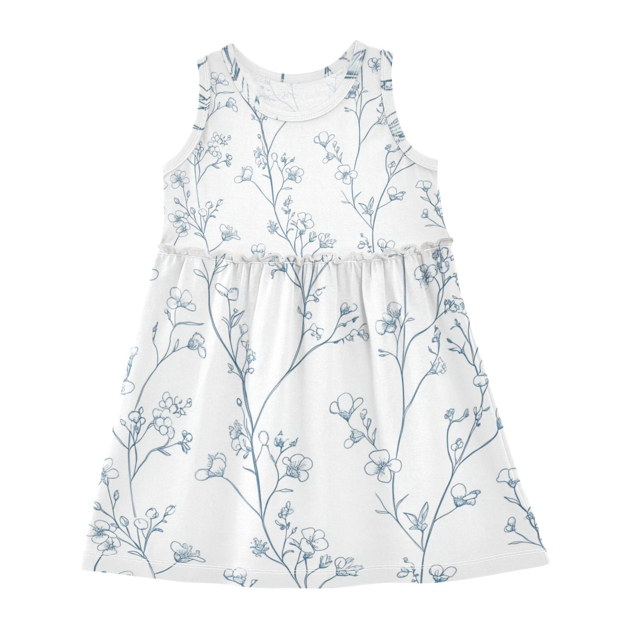 Simple Line Art Flowers Girls' Sleeveless Dress A-Line One-Piece Dress ...