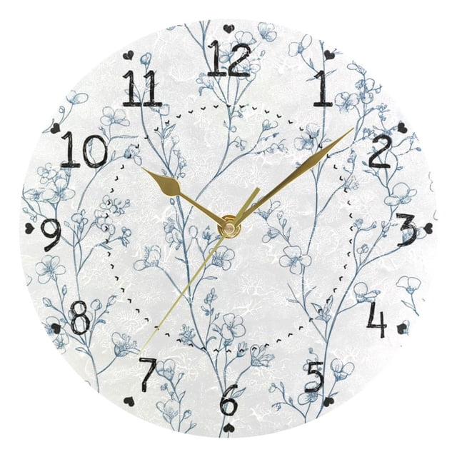 Simple Line Art Flowers Round Wall Clock Silent Analog Battery Operated ...