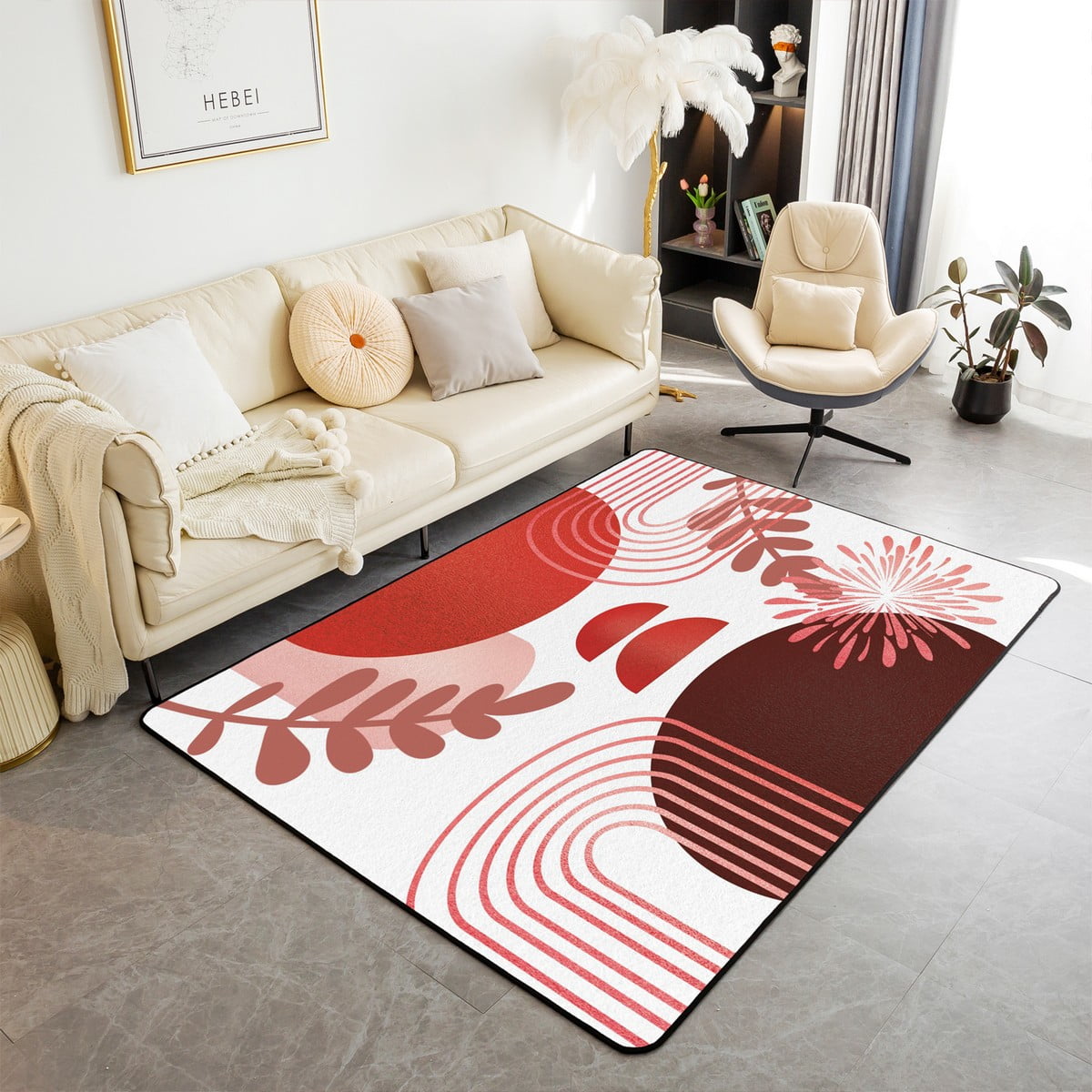 Simple Lines Area Rug 5x7, Semicircle Flowers Non Slip Rectangular ...