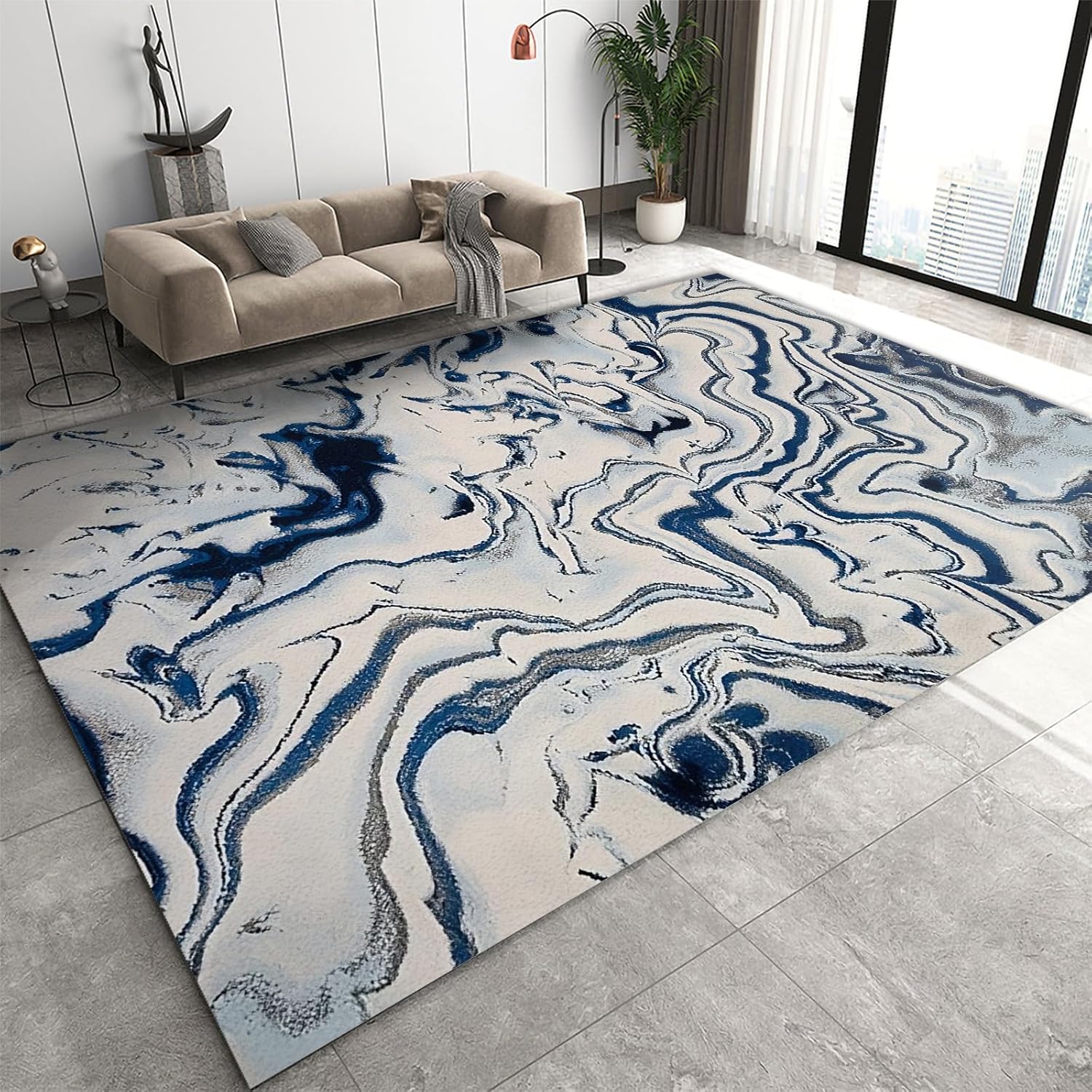 Simple Liquid Splas Marble Area Rugs, Modern Blue Water Ripple Line ...