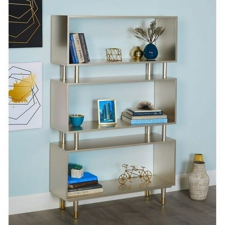 Simple Living Margo Mid Century Modern 3 tier Bookshelf 59.5 h x 36 w x 11.8 d Champagne Gold Painted Walmart