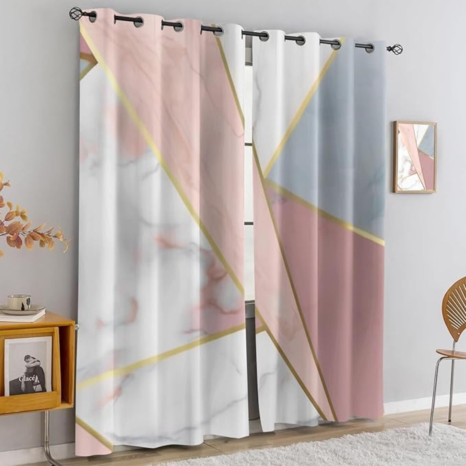 Simple Marble Style Curtain, Light Luxury Pink Grey Geometric Blackout ...