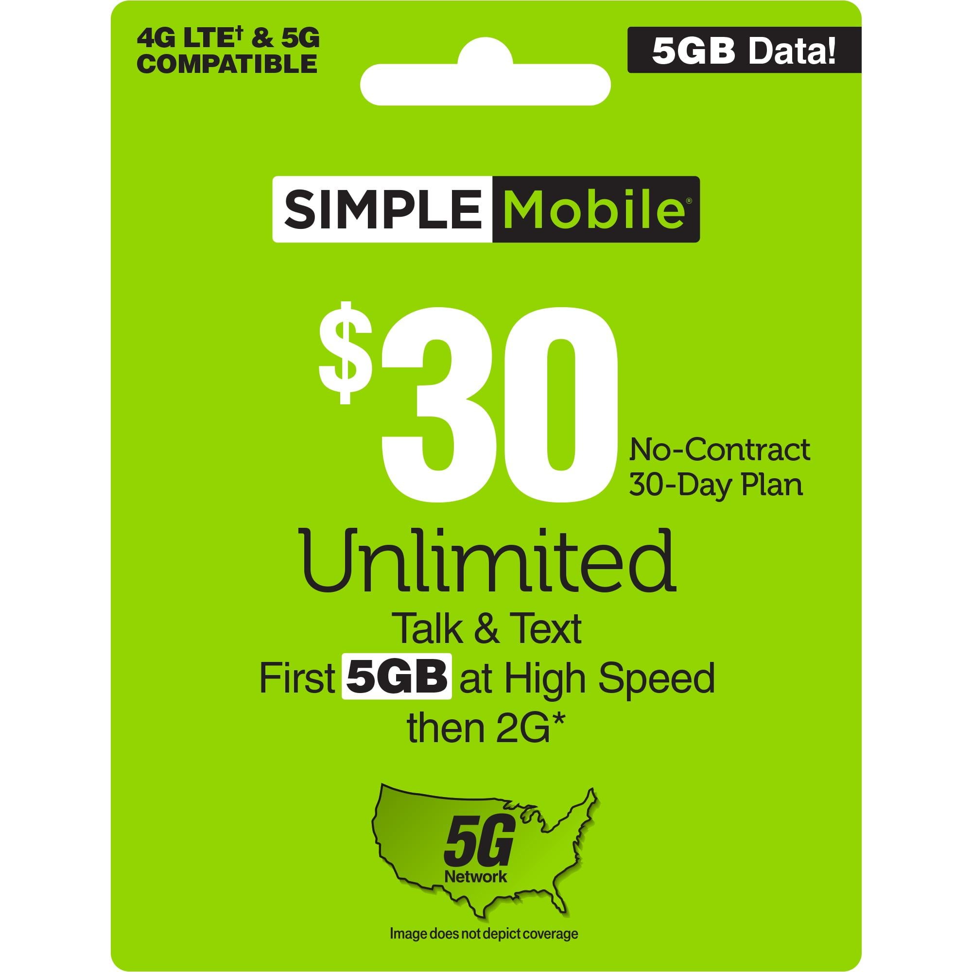 Simple Mobile $30 Unlimited Talk & text 30-Day Prepaid Plan (5GB at ...