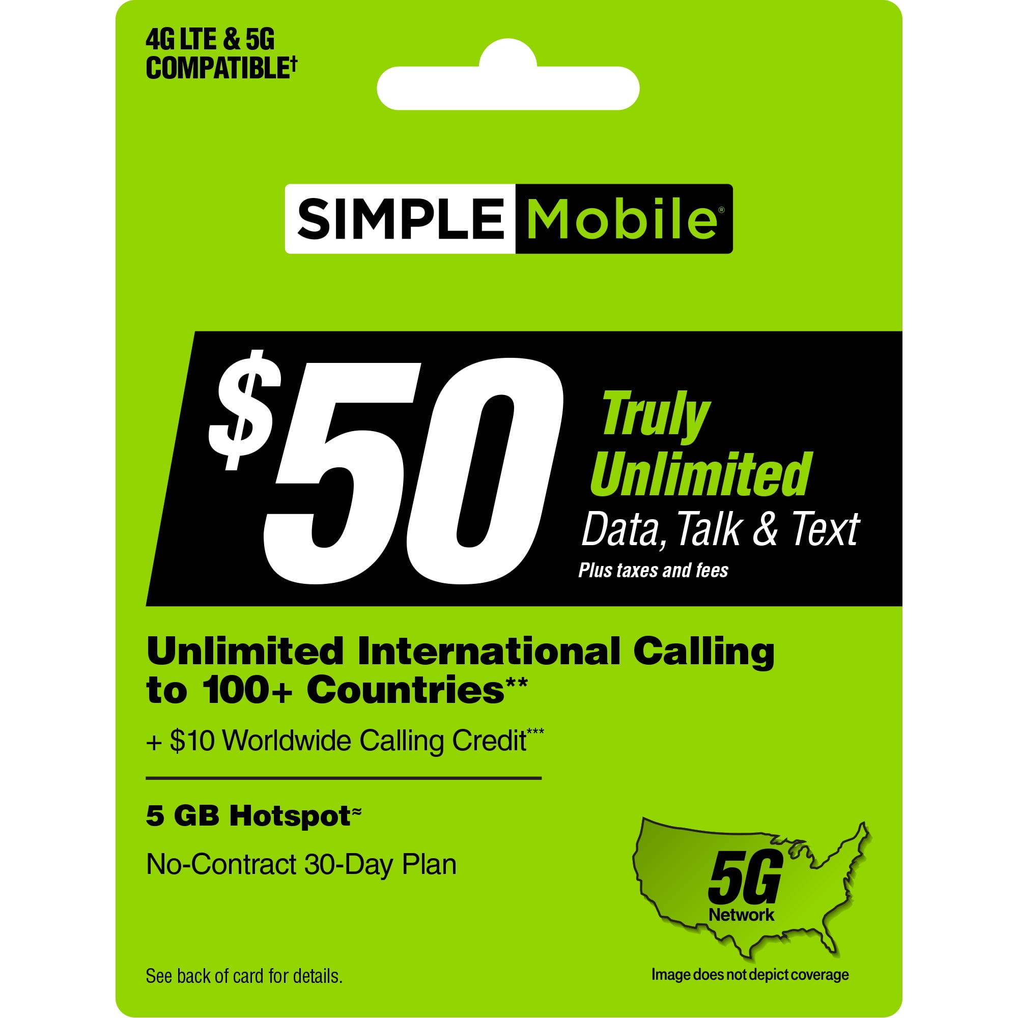 Simple Mobile $50 UNLIMITED 30-Day Prepaid Plan + 5GB Mobile Hotspot & International Calling ...