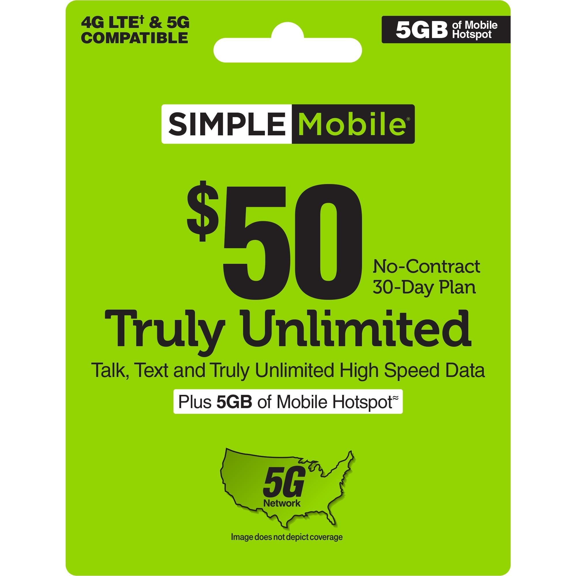 Simple Mobile $50 UNLIMITED 30-Day Prepaid Plan + 5GB Mobile Hotspot ...