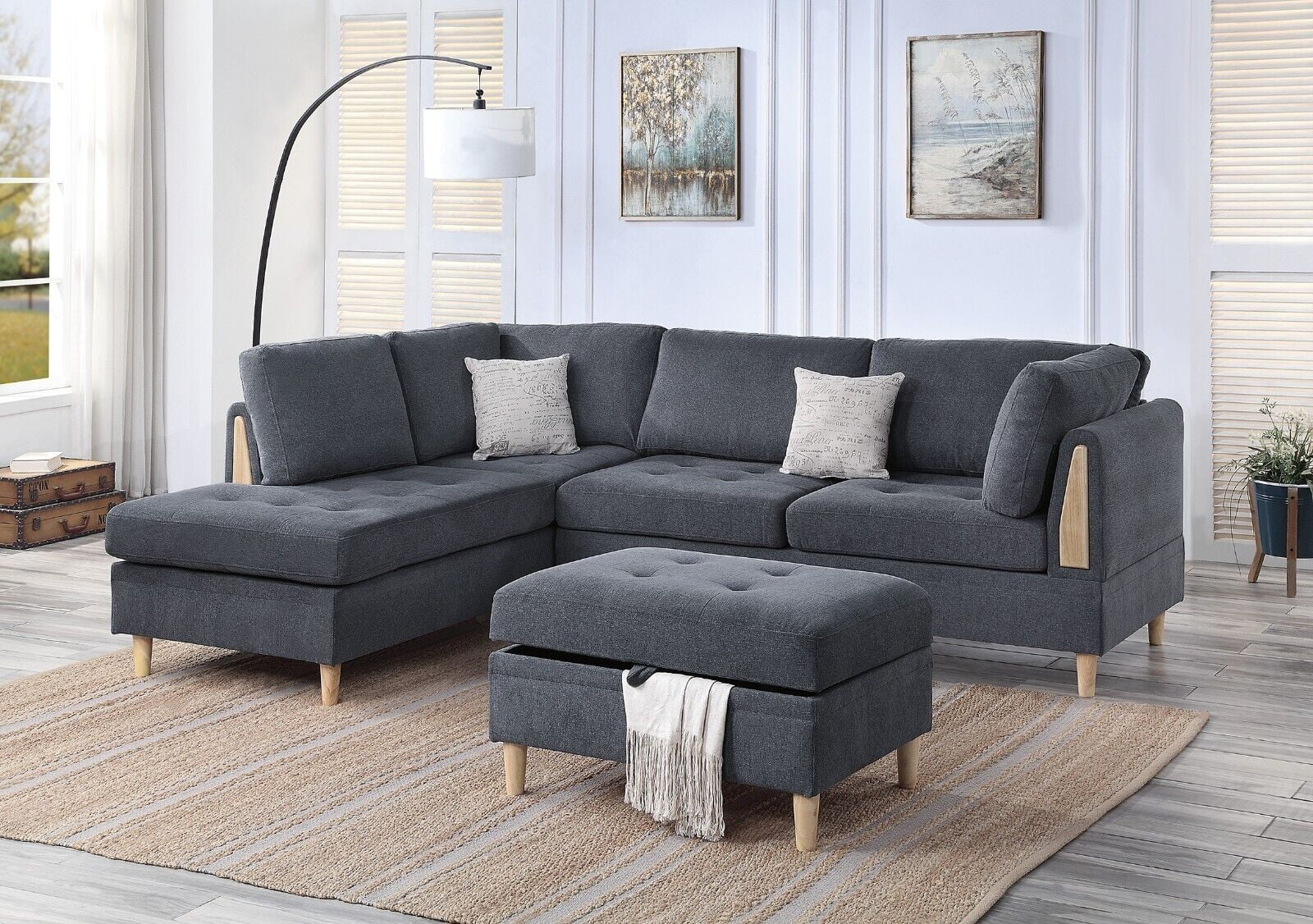 Simple Modern 3pc Sectional Set Charcoal Chenille Fabric Corner ...