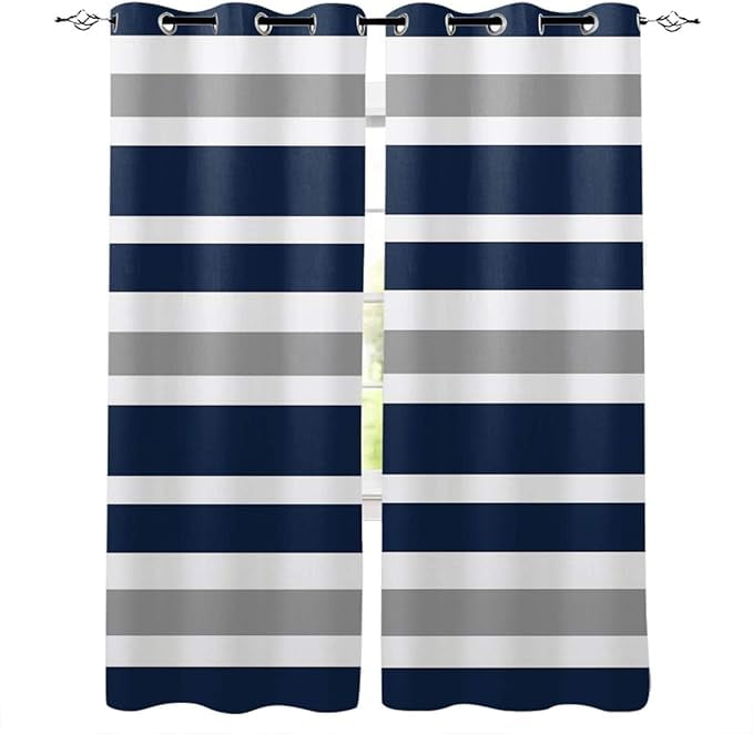 Simple Navy Blue Stripe Window Curtain, White Grey Line Pattern Print ...