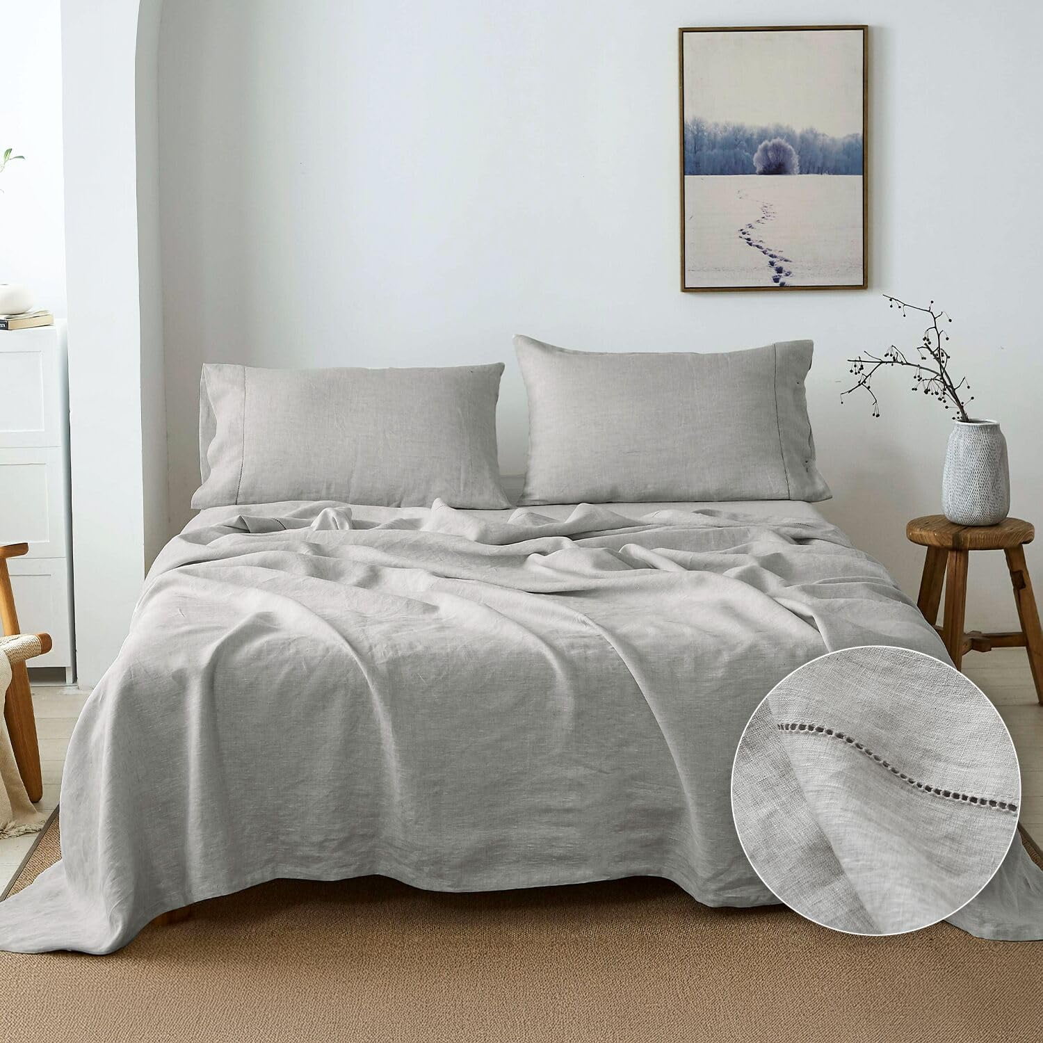 Simple&Opulence 100% Belgian Linen Sheet Set Handmade Hemstitch Light ...