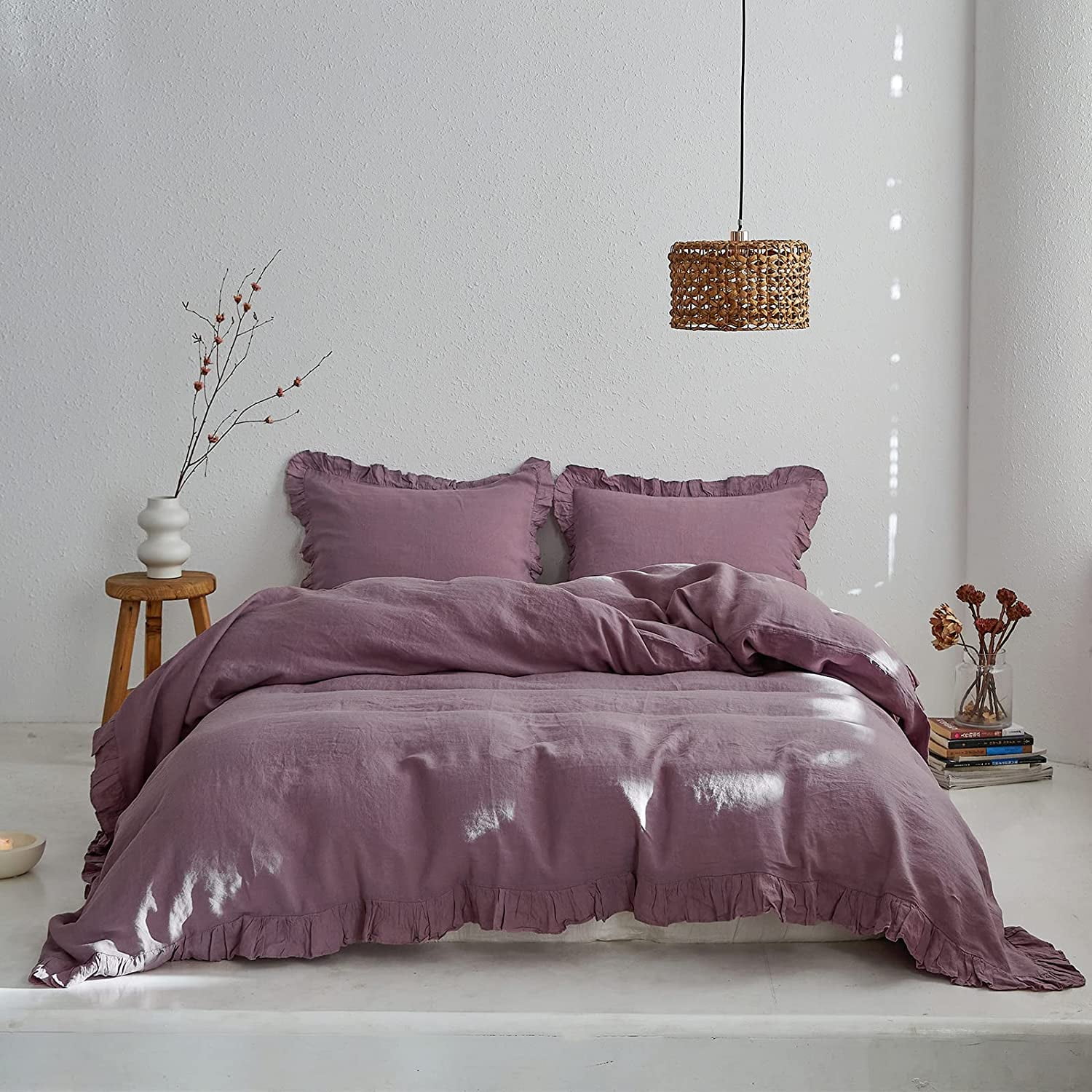 Simple&Opulence 100% Linen Frill Farmhouse Duvet Cover Set,Queen Size (88''x92''), 3 Piece ...