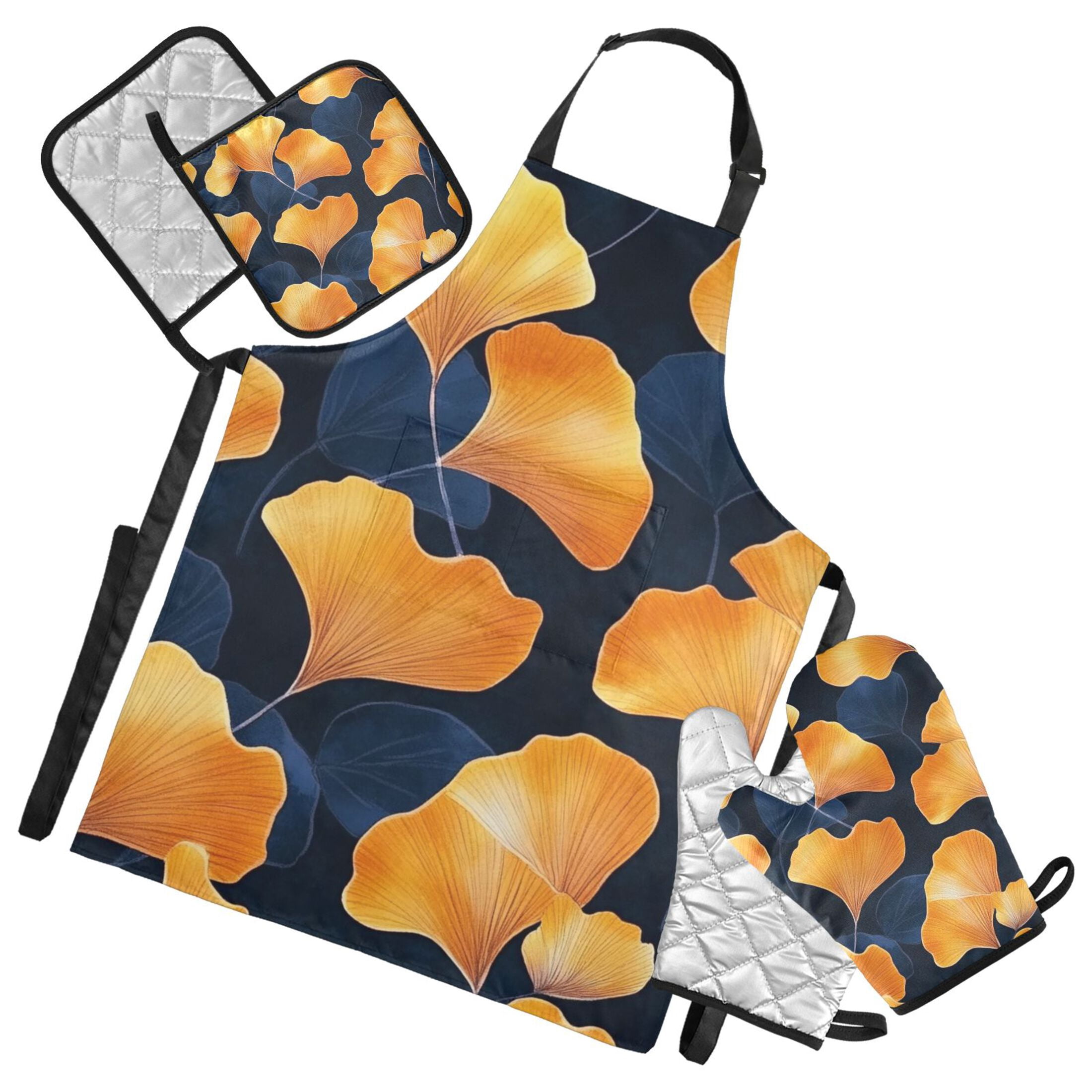 Simple Orange Leave Oven Mitts and Pot Holders with Chef Apron Set 5 ...