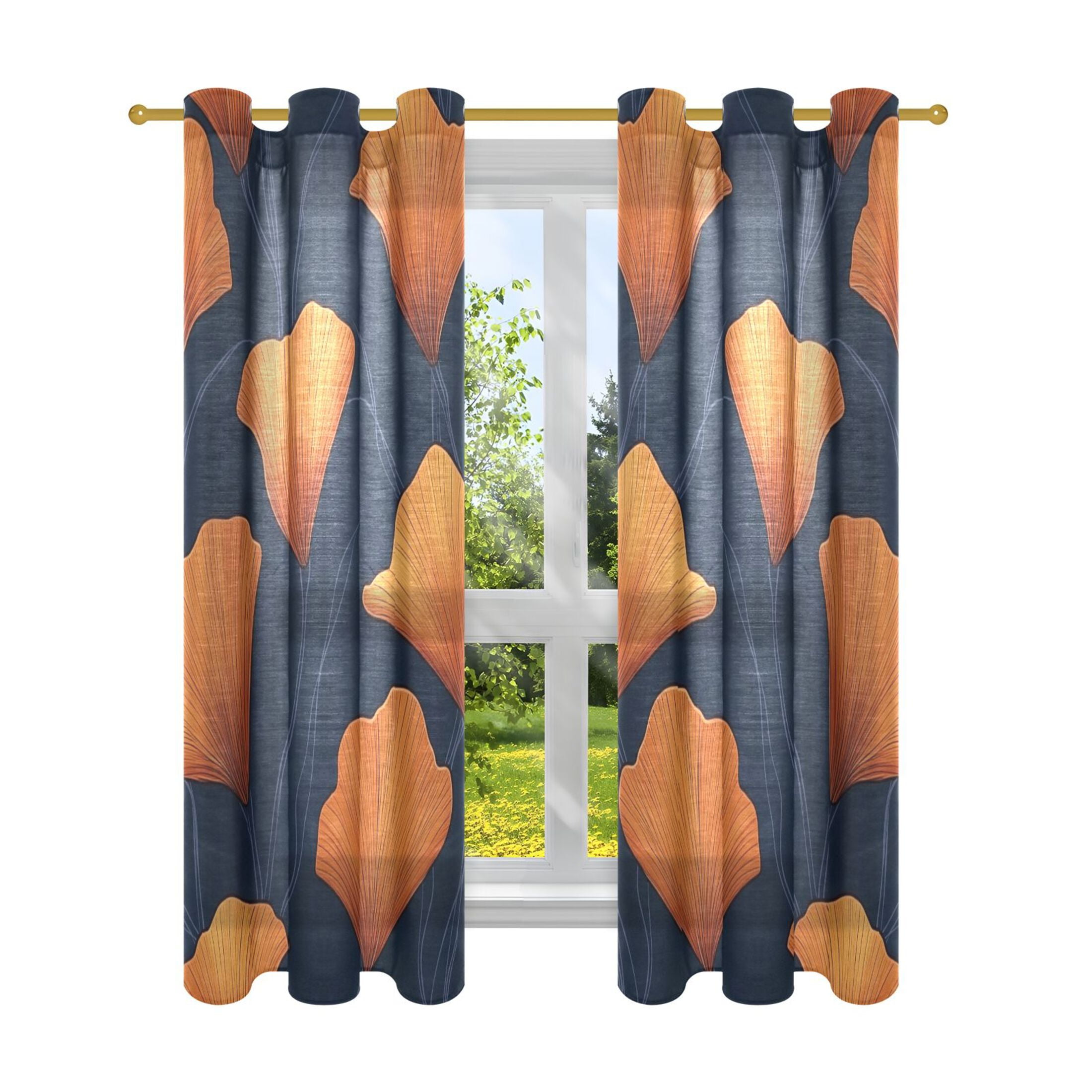 Simple Orange Leaves Semi Sheer Curtains for Living Room Bedroom Set of ...