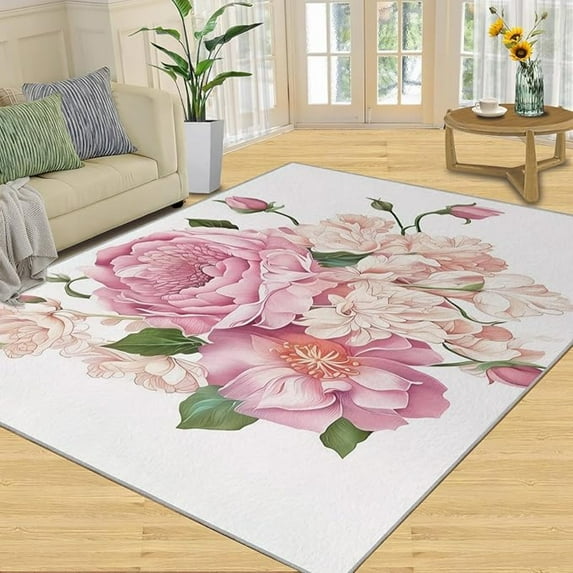 Simple Peony Area Rug, White Pink Flowers Indoor Non Slip Bedroom Rug ...