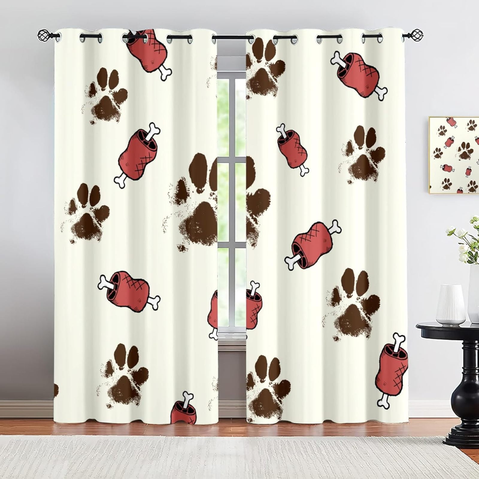 Simple Pets Print Blackout Curtain, Dog Paw Print Ham Sausage Pattern ...