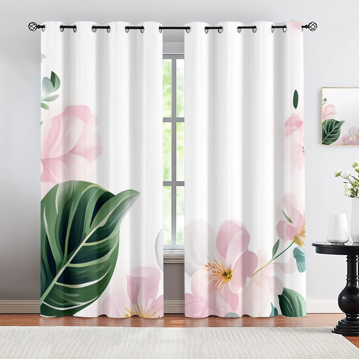 Simple Pink Flowers And Green Leaves Blackout Window Curtain, Abstract ...