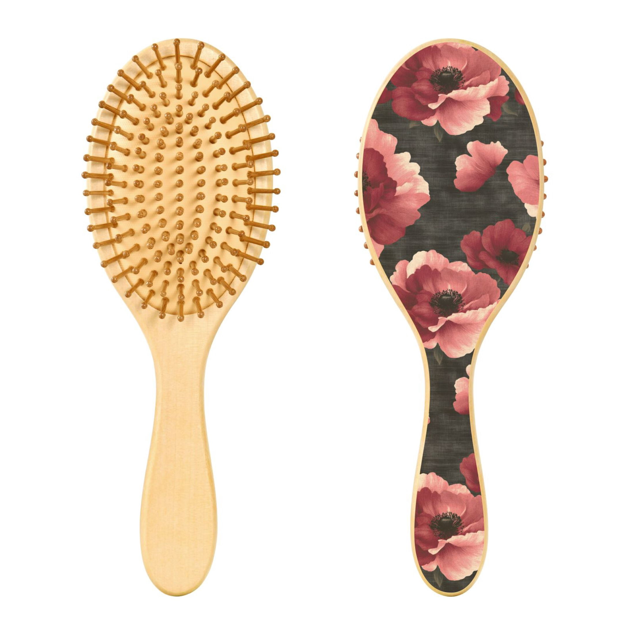 Simple Pink Flowers Wooden Hair Brush Natural Detangling Brush with ...