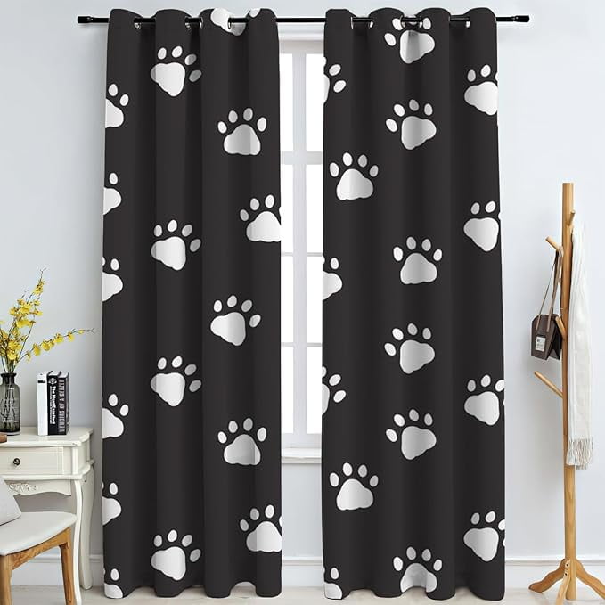 Simple Puppy Paws 3D Printed Drapes, White Animal Paw Prints Black ...