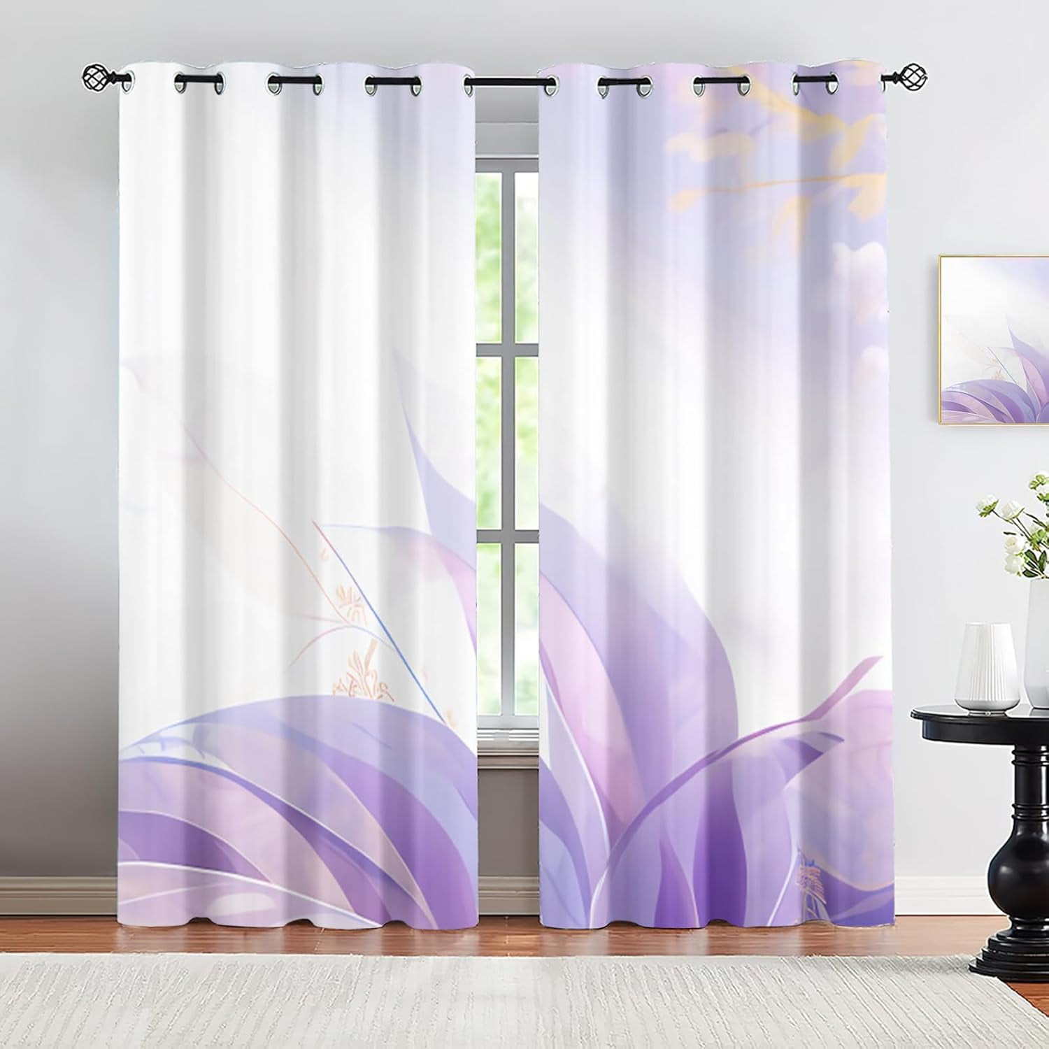 Simple Purple Floral Art Bedroom Curtains, Modern Minimalist White ...