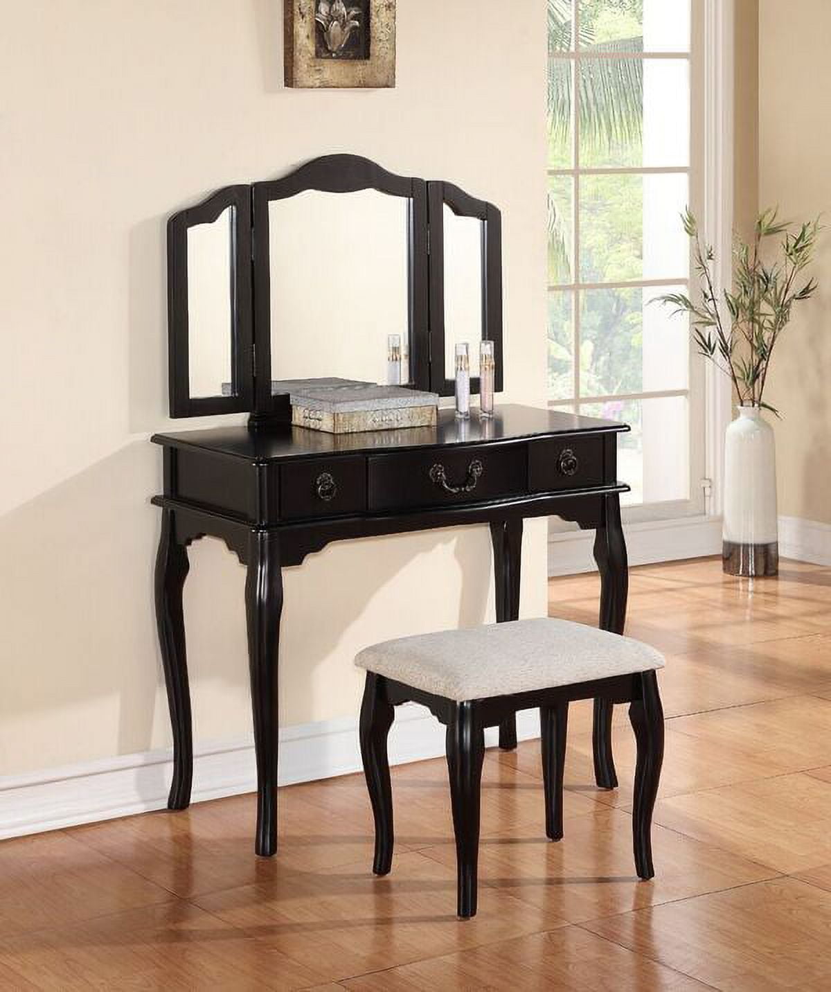 Simple Relax Tri-fold Mirror Vanity Table with Stool Set, Black ...