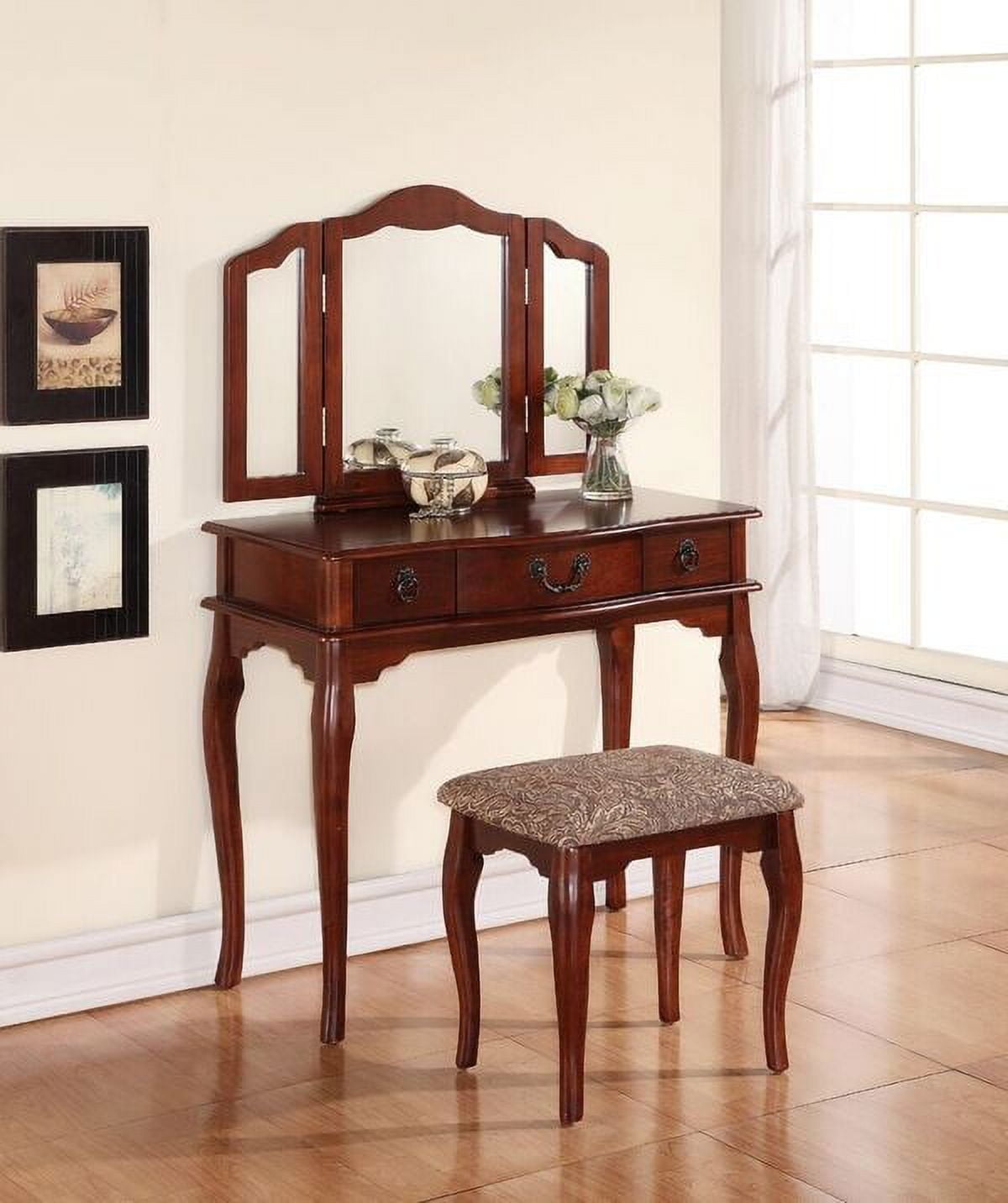 Simple Relax Tri-fold Mirror Vanity Table with Stool Set, Cherry ...