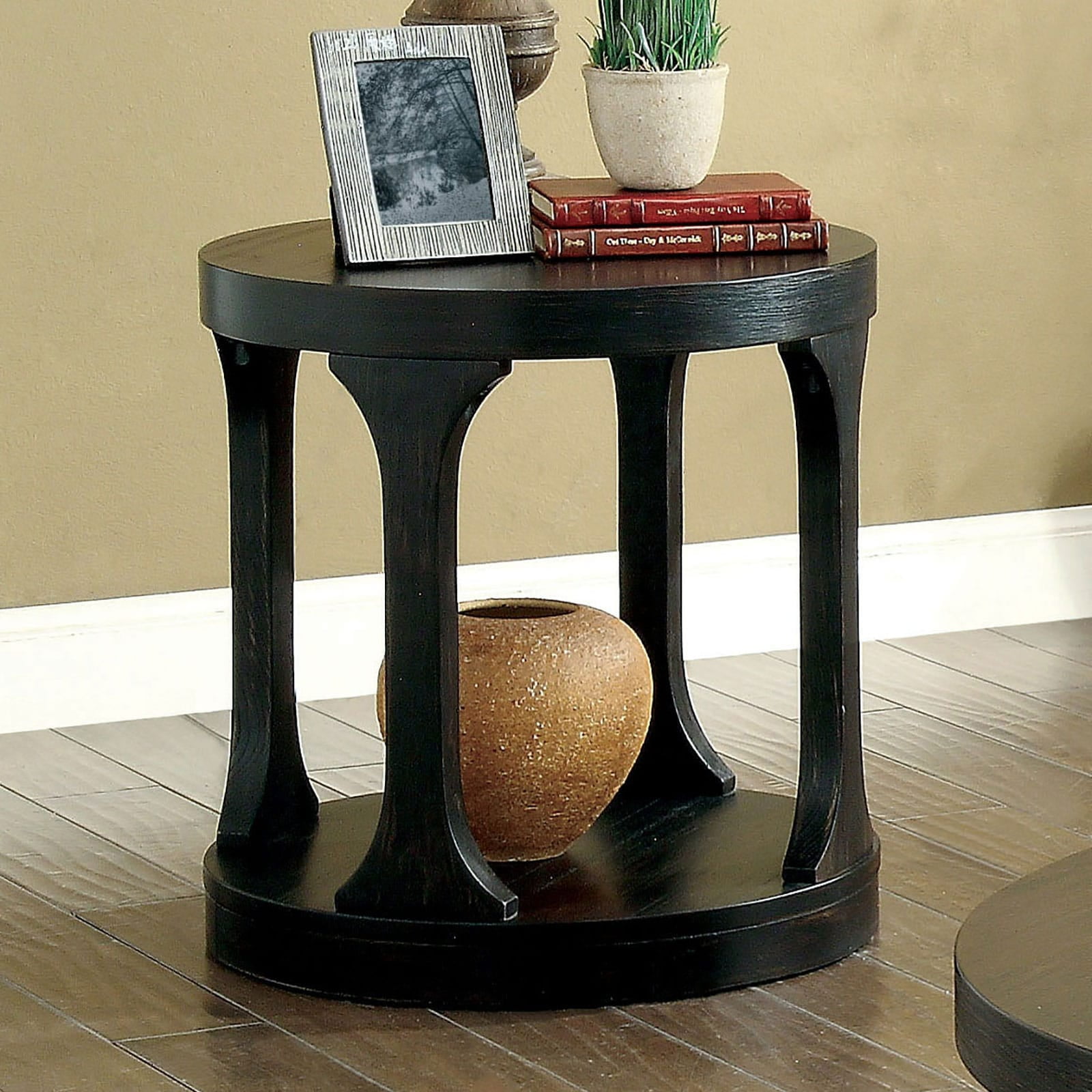 Simple Relax Wooden Round End Table with Open Shelf in Antique Black ...