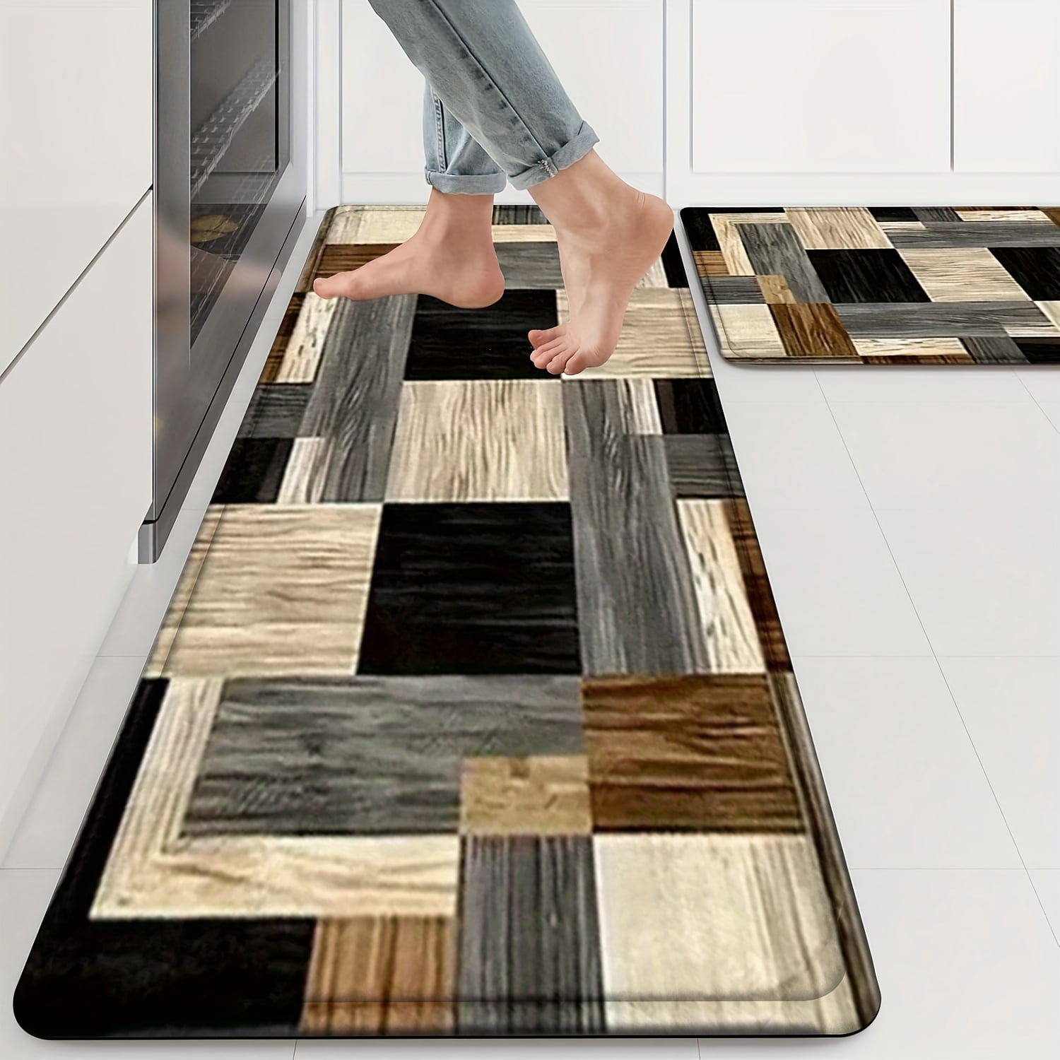 Simple Square Block Kitchen Carpet Set, Non-Slip Flannel Mat, Soft ...