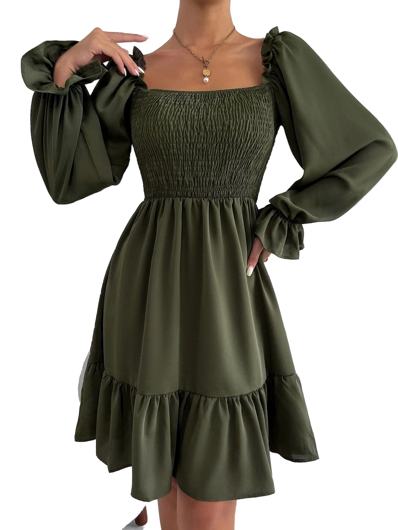 Simple Square Collar Parallel Crepe Seat Body Ruffled dress, Fall Long ...