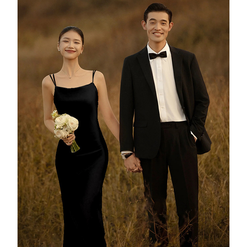Simple Strapless Light Wedding Dress Bride Engagement Satin Gown Super ...