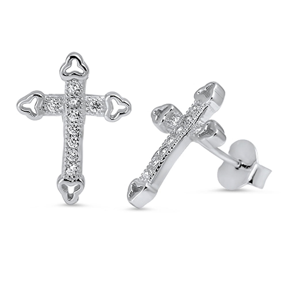Simple Studded Cross Crucifix Clear Cubic Zirconia .925 Sterling Silver ...