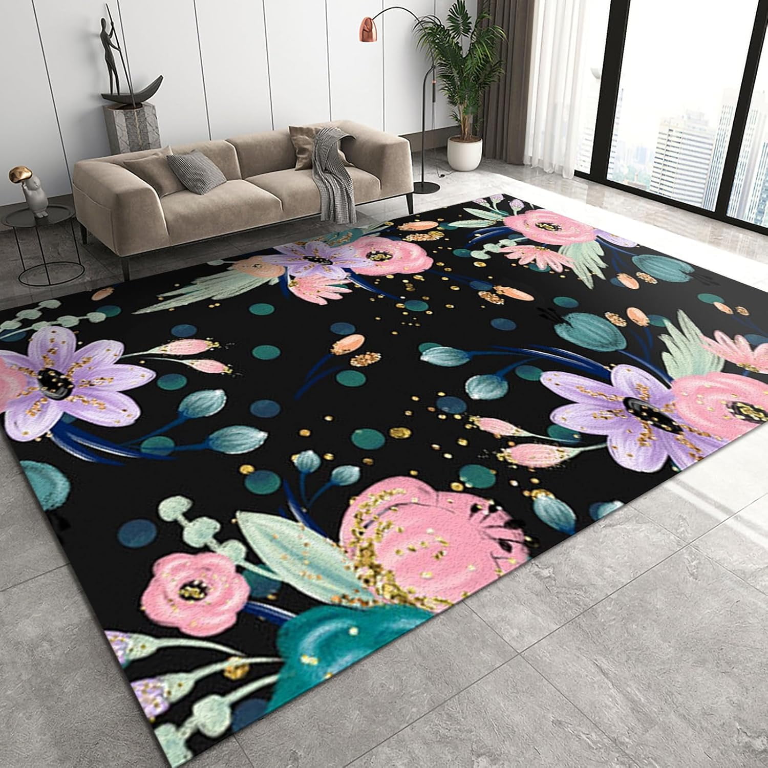 Simple Style Area Rug, Watercolor Flowers Art Painting Large Carpet ...