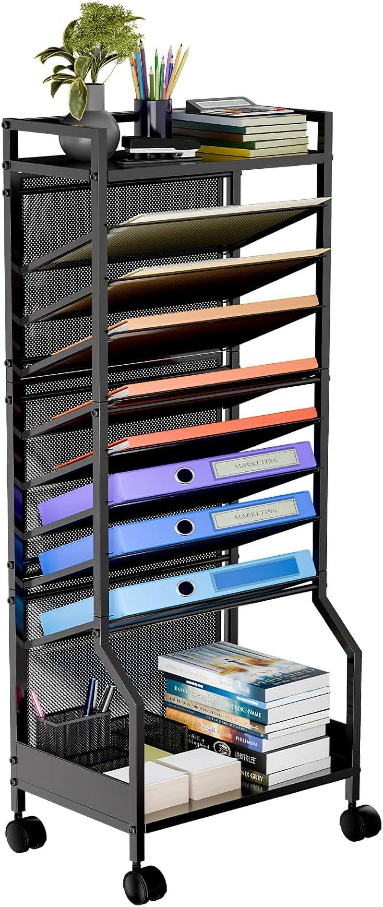 10 Tier Rolling File Cart, Desk File Organizer with Wheels and Storage ...