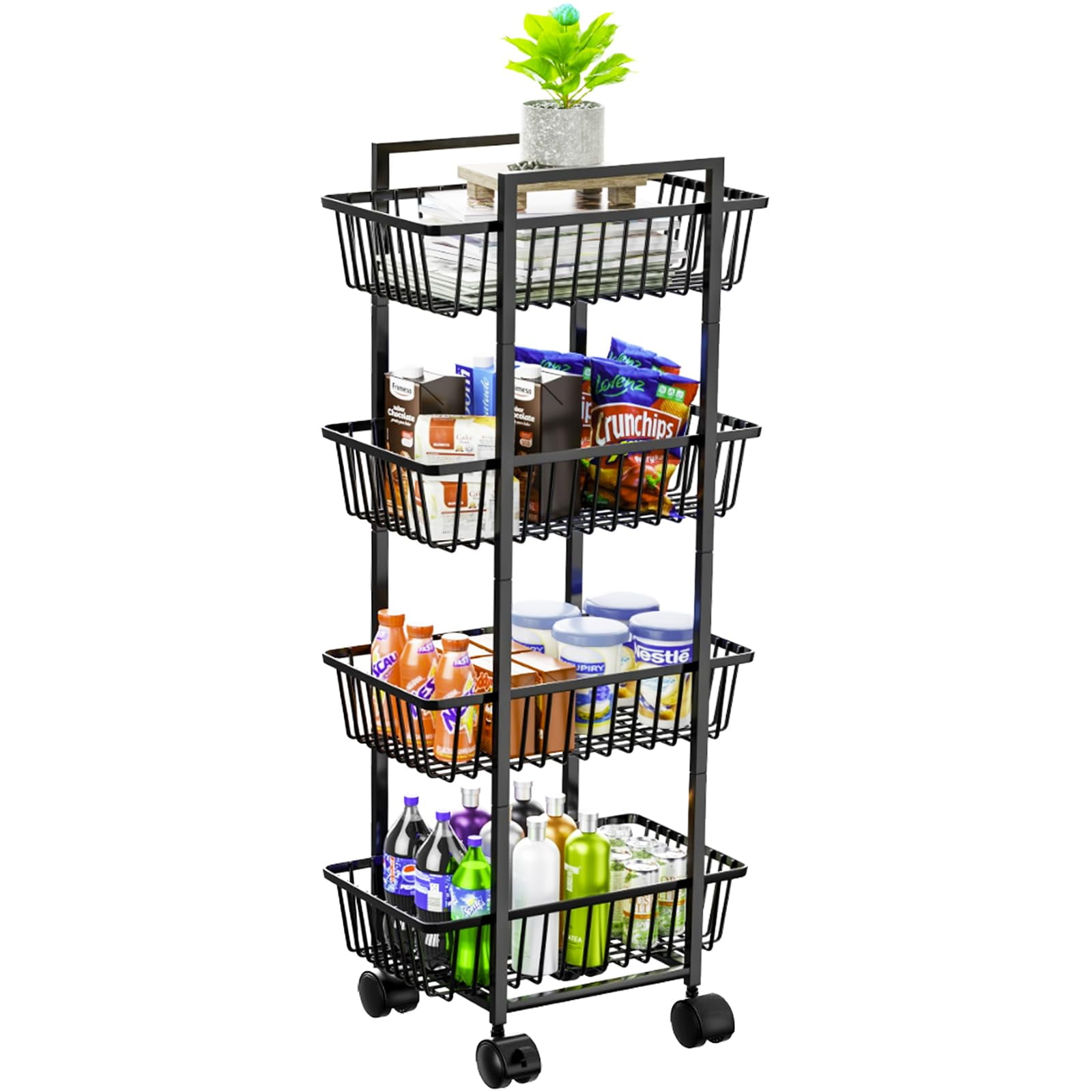 Simple Trending 4 Tier Rolling Fruit Vegetable Basket Cart, Metal Wire ...