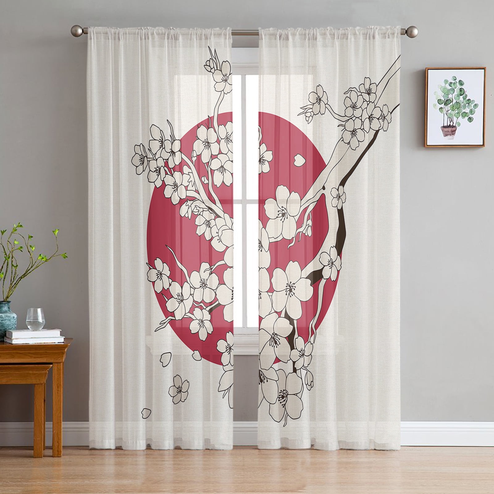 Simple Trunk Cherry Blossom Rendering Pink Sheer Window Curtains for ...