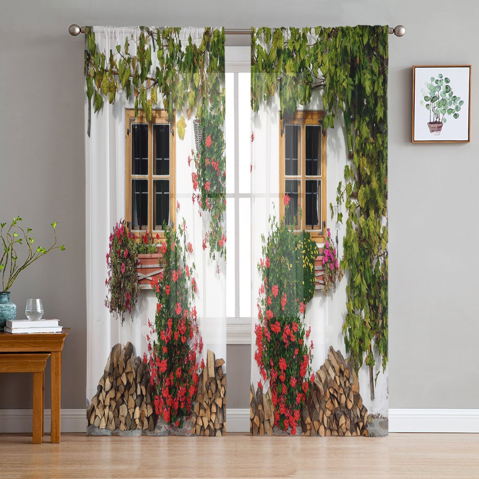Simple Tulle Curtains House Tree Purple Flower Villa Living Room Adult ...