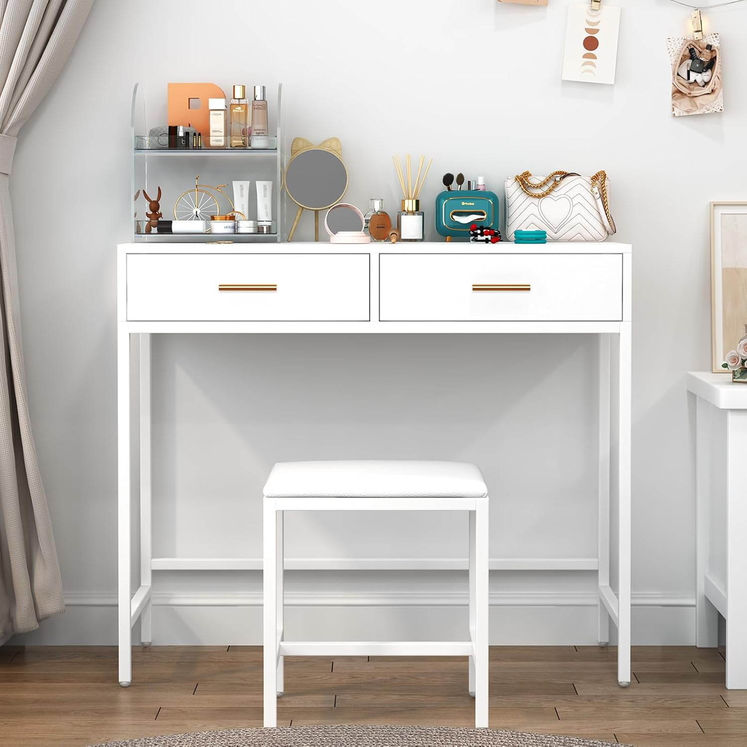 Simple Vanity Desk, White Vanity Table Set with 2 Large Drawers and ...