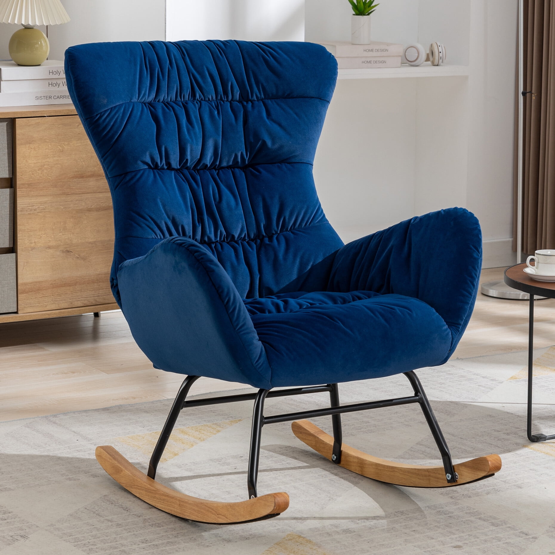 Simple Velvet Fabric Rocking Chair, Upholstered Chair with Wooden Frame ...