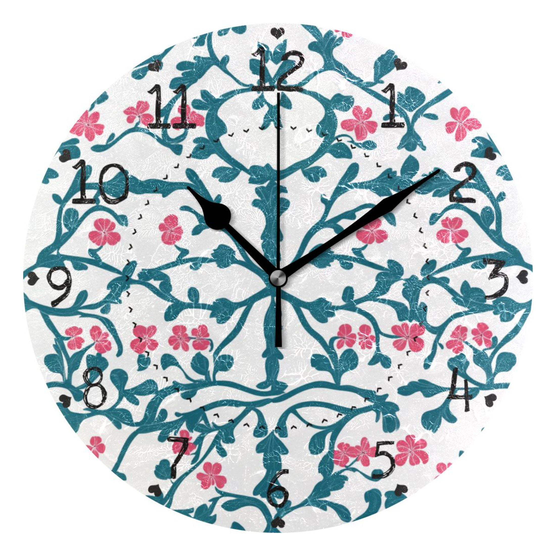 Simple Vines and Small Flowers Round Wall Clock Silent Battery Operated ...