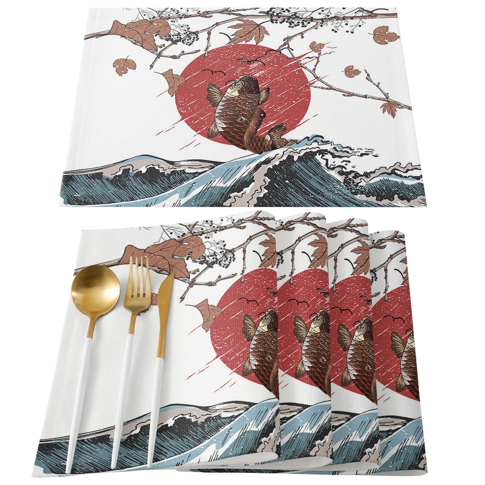 Simple Wave Japanese Wave Art Placemats Set of 4/6pcs Kitchen Coffee ...
