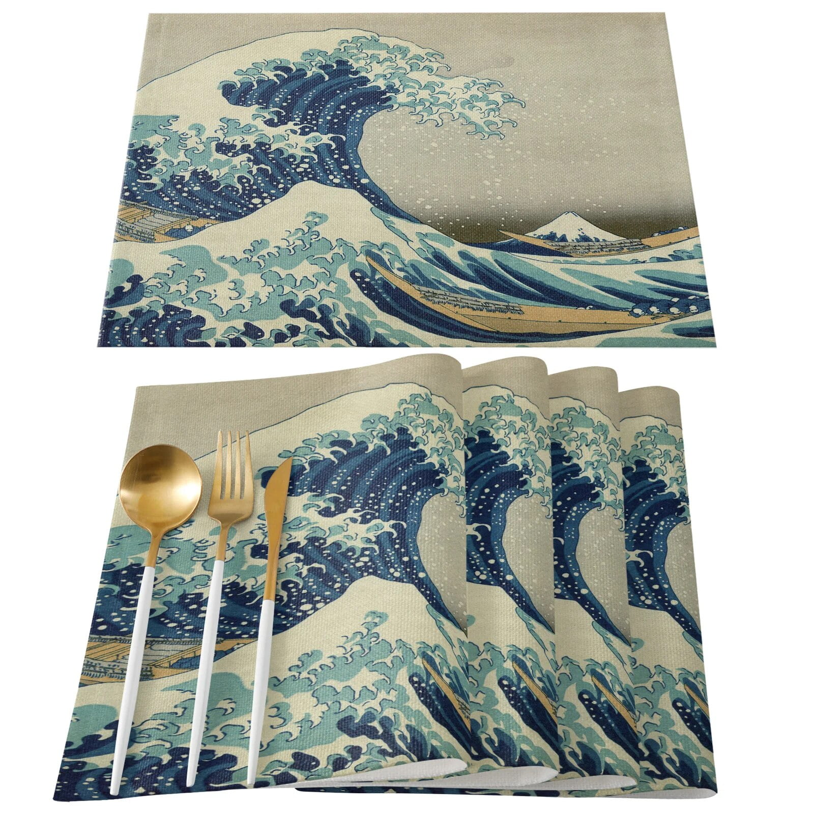 Simple Wave Japanese Wave Art Placemats Set of 4/6pcs Kitchen Coffee ...