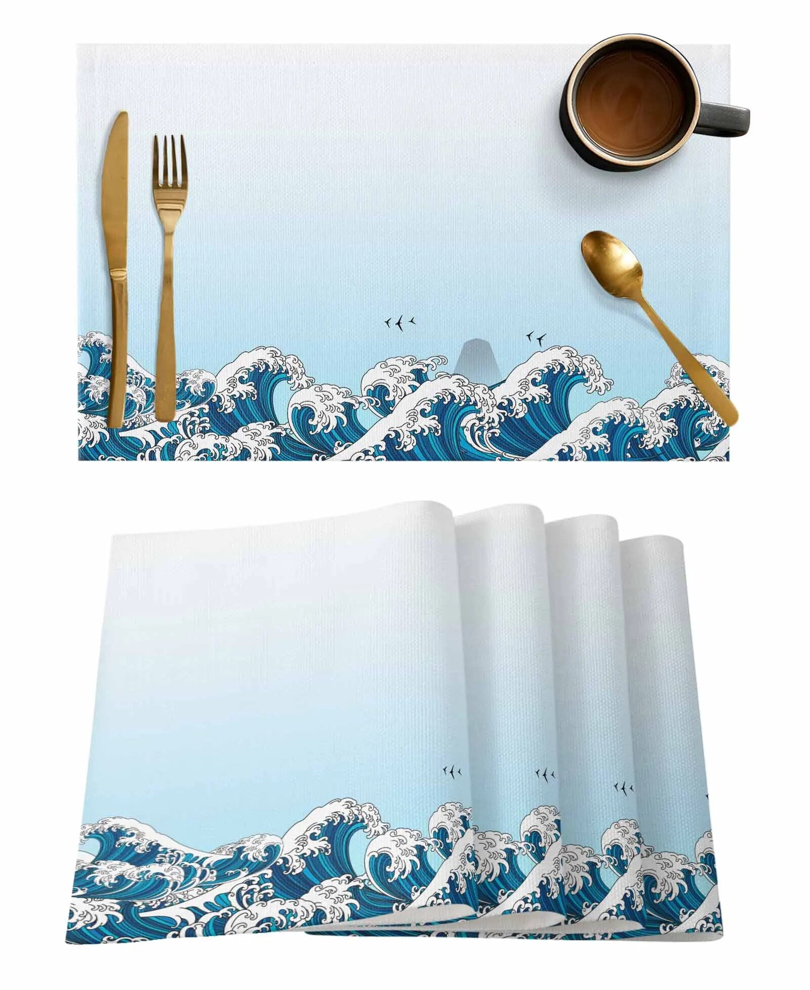 Simple Wave Japanese Wave Art Placemats Set of 4/6pcs Kitchen Coffee ...