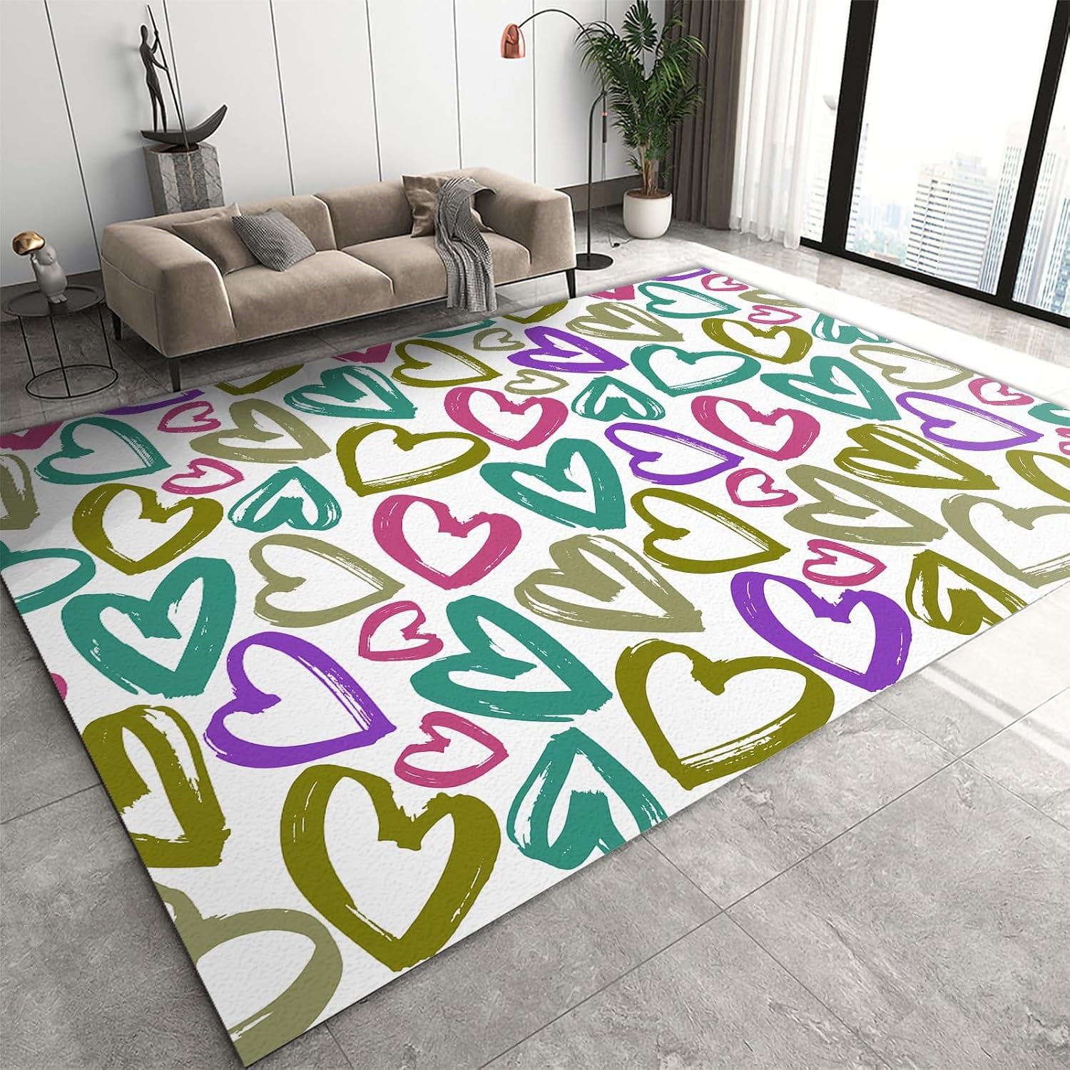 Simple White Background Area Rugs, Colorful Heart Pattern Rug for ...
