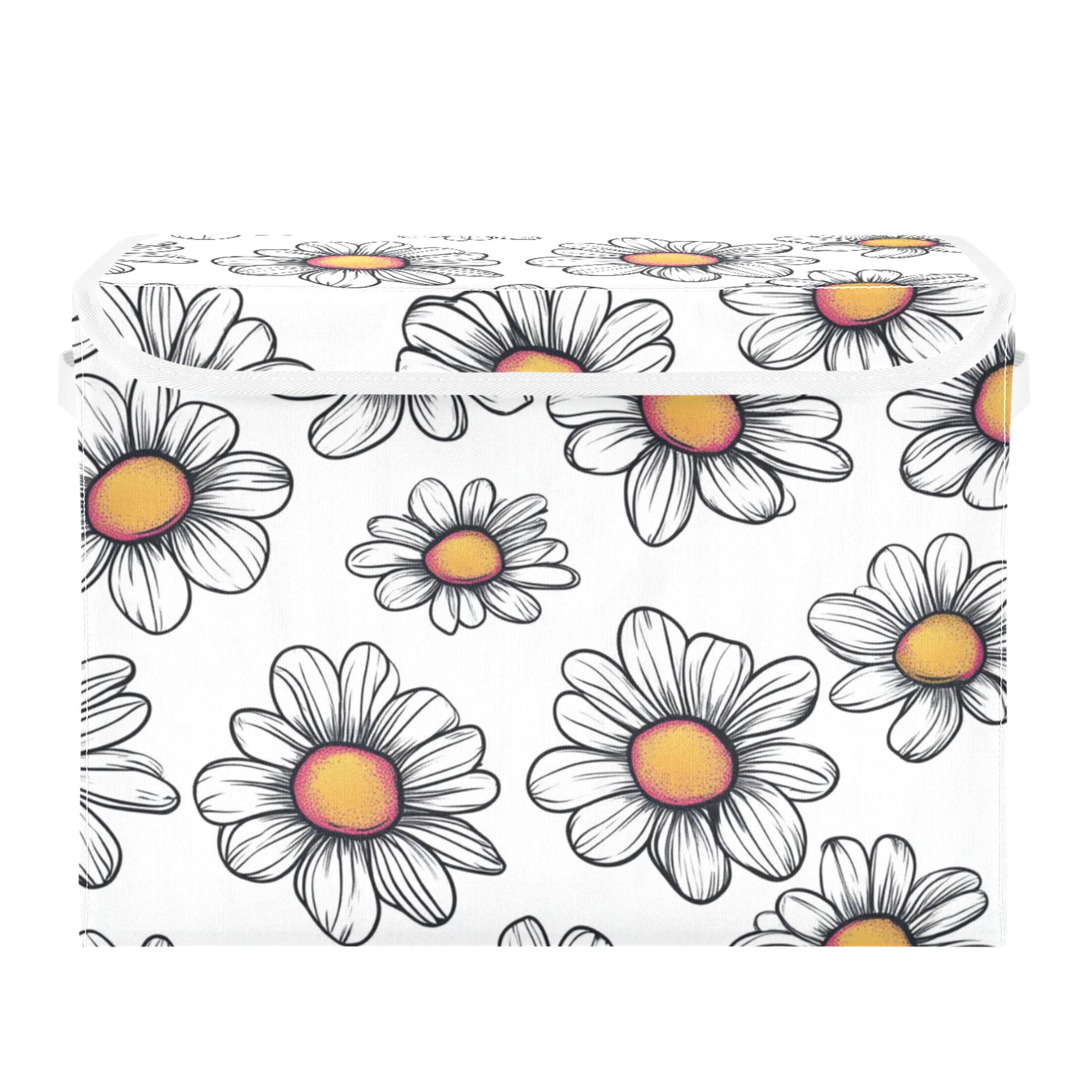 Simple White Daisy Large Storage Bins with Linen Collapsible Lid ...