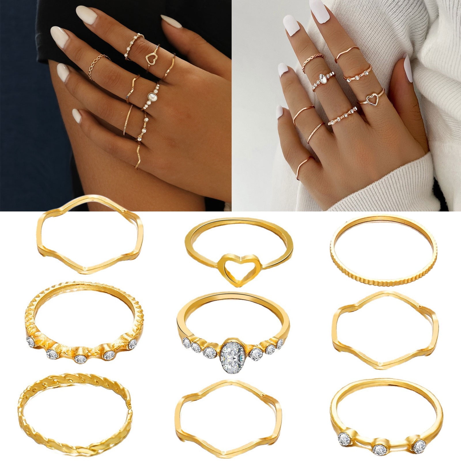 Simple Women'S Joint Ring Love Wave Ring 9 Piece Set Ring Opening ...