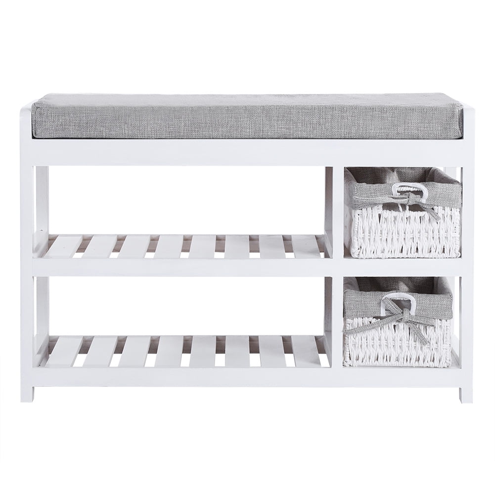 Simple Wooden Natural 2-layered Shoe Bench with Storage Basket ...