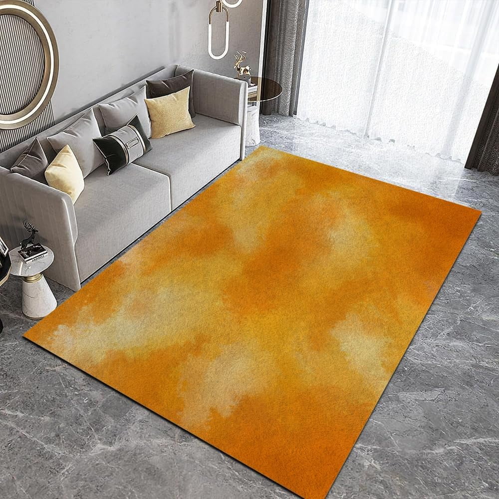Simple Yellow Orange Living Room Rug, Low-Pile Easy-to-Clean Washable ...