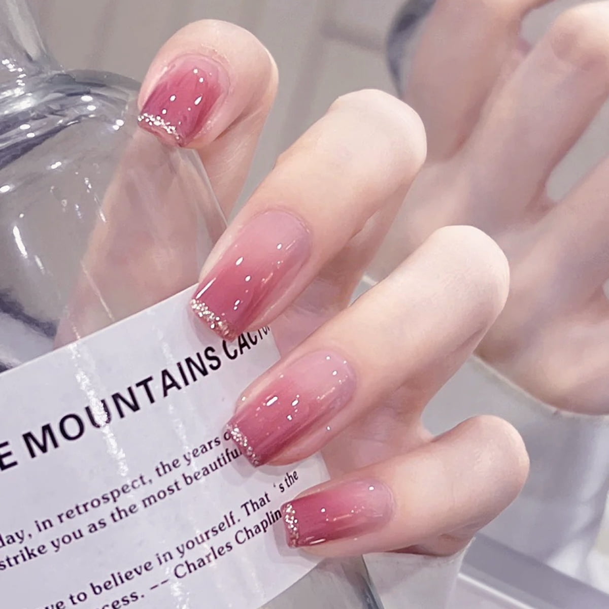 Simple and sweet icy transparent manicure gradient rose red silver pink ...